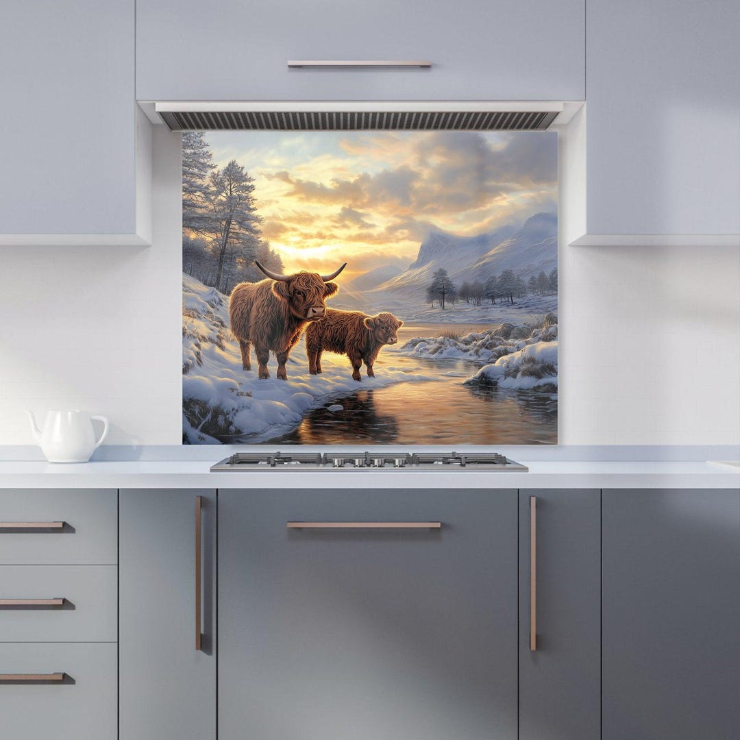 Premium Highland Cows by the Lake Kitchen Splashback , 6mm Heat ...