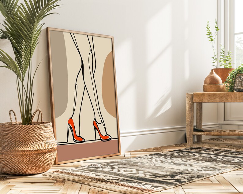 Elegant Feminine Legs in Red High Heels Poster One Line Art Print ...