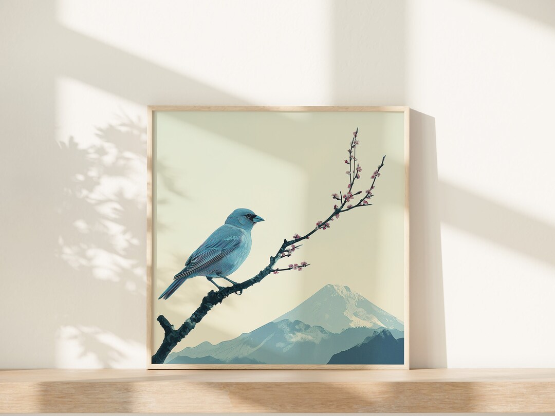Blue Bird and Mountain Art Print Peaceful Wall Art, Nature Scene With ...