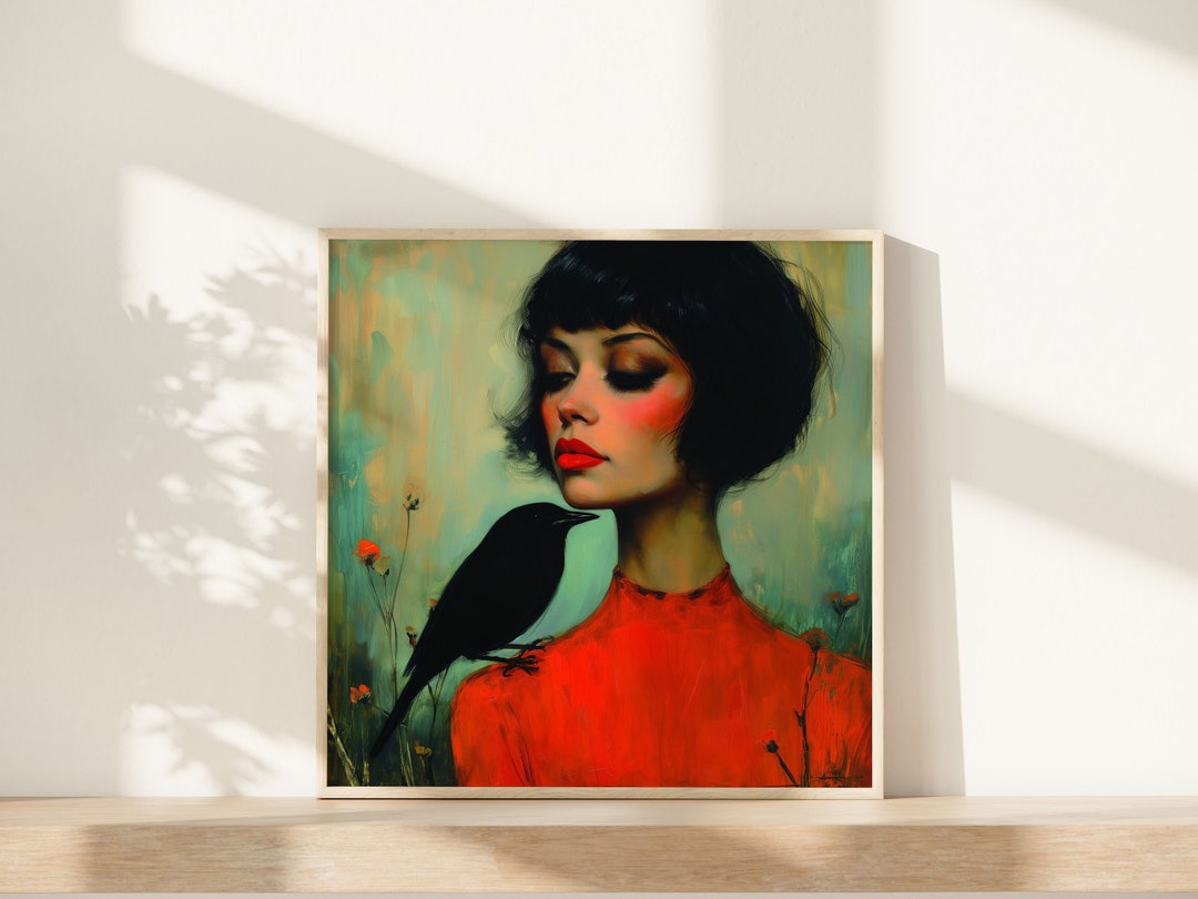 Witch and Crow in Oil Painting Style Enigmatic Wall Art Print for ...