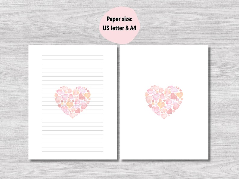 Heart Writing Paper, Printable Letter Paper for Pen Pals and Valentines ...