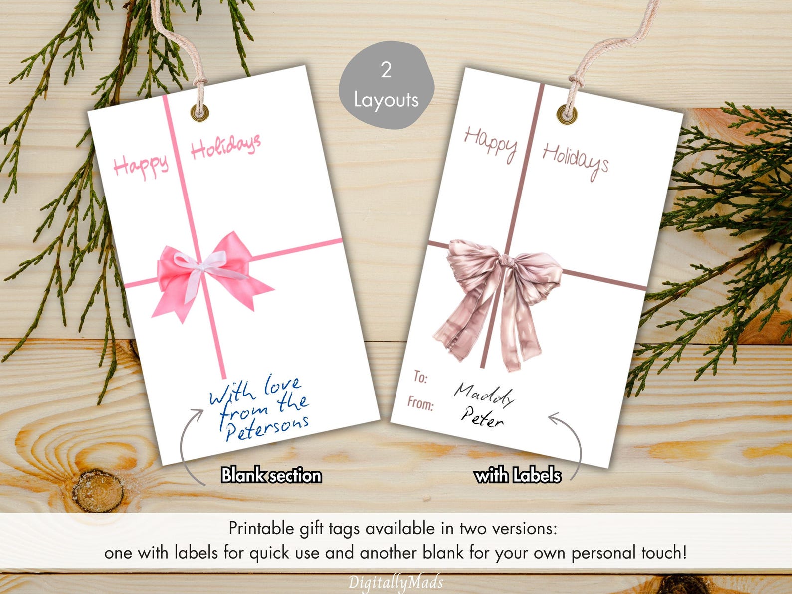 Coquette Christmas Tags Printable, Pink Bow Holiday Gift Tags, Happy ...