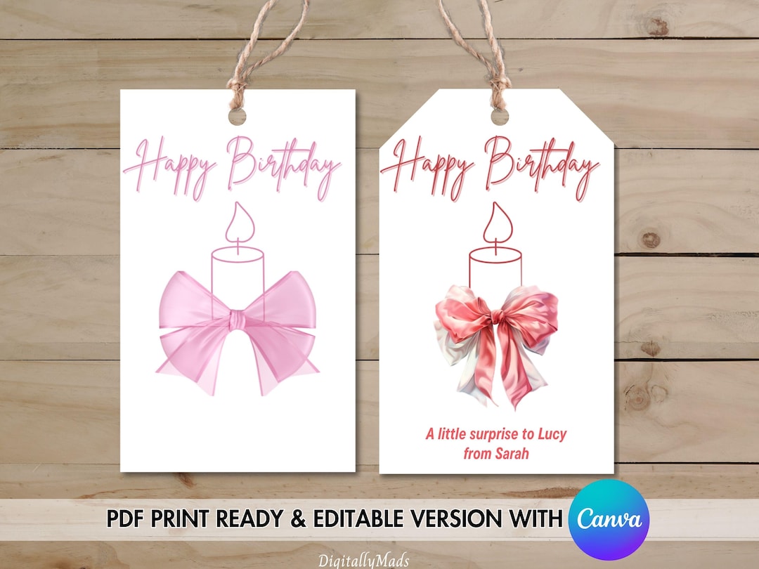 Editable Birthday Gift Tags, Printable Coquette Bow Labels, Template ...