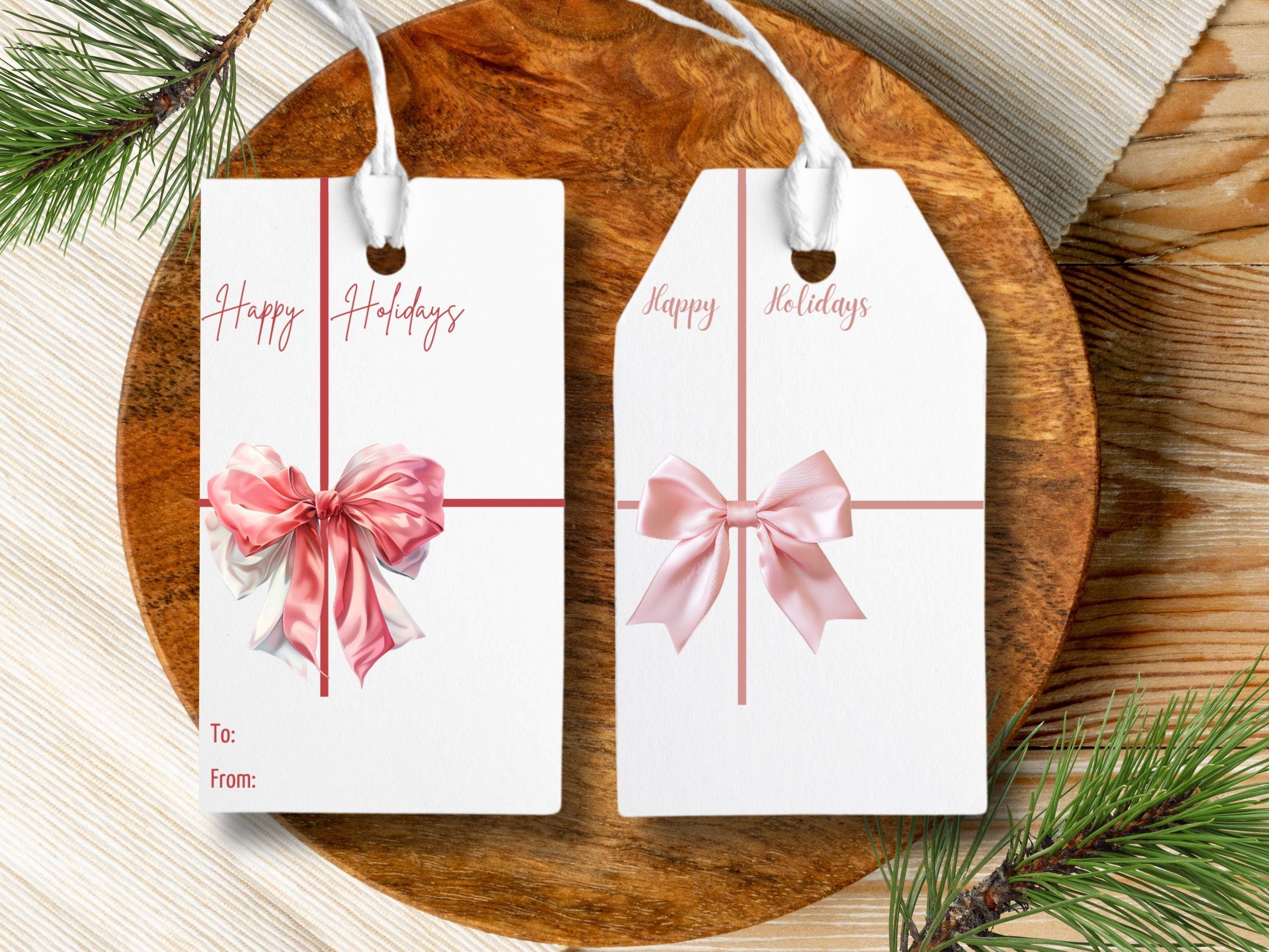 Coquette Christmas Tags Printable, Pink Bow Holiday Gift Tags, Happy ...
