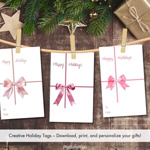 Coquette Christmas Tags Printable, Pink Bow Holiday Gift Tags, Happy ...