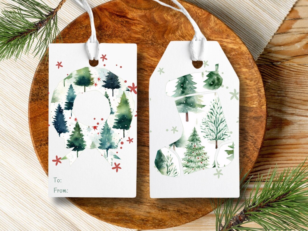 Christmas Trees Gift Tags Printable, Cute Christmas Labels, Watercolor ...