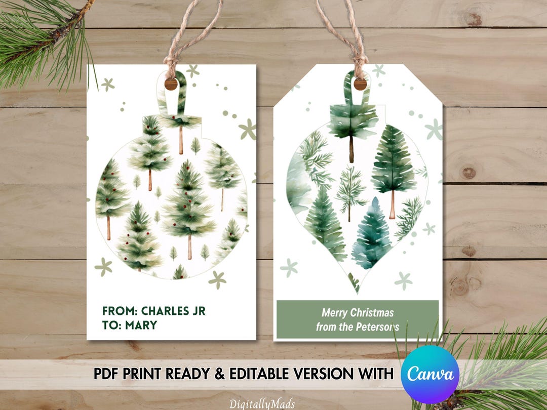 Editable Christmas Tree Gift Tags: Green Watercolor Holiday Labels ...