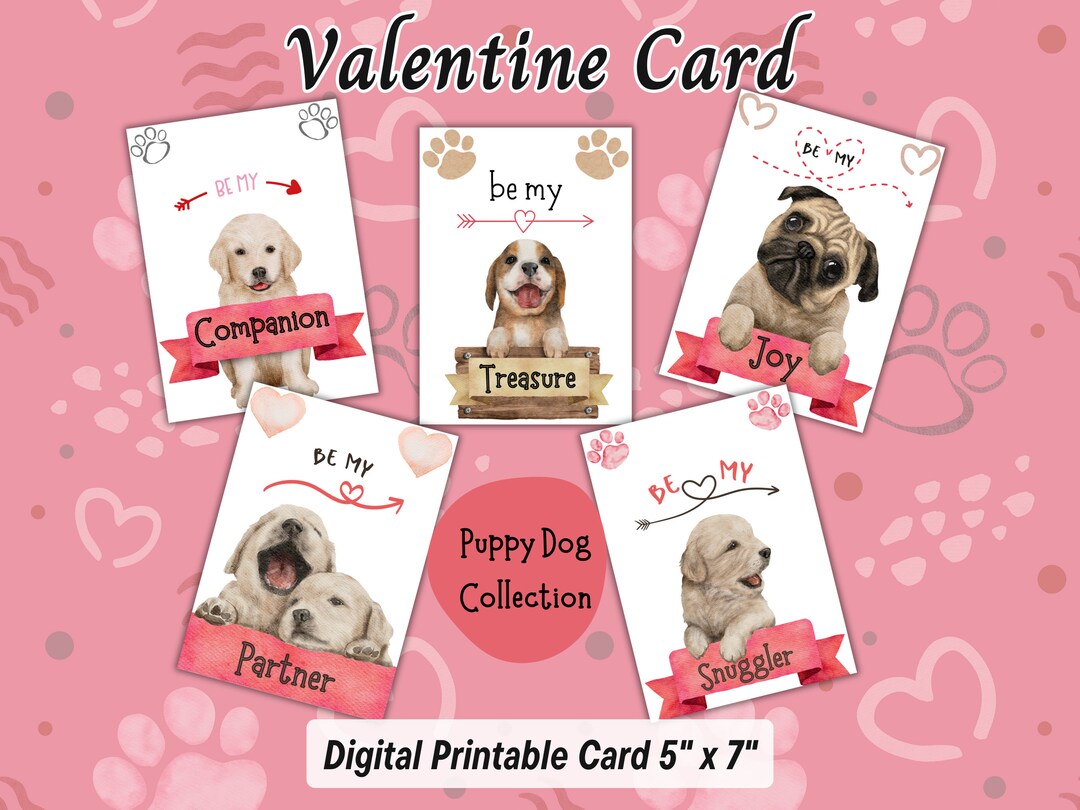 Printable Dog Valentine Card Set, Puppy Dog Collection, Puppy Valentine ...