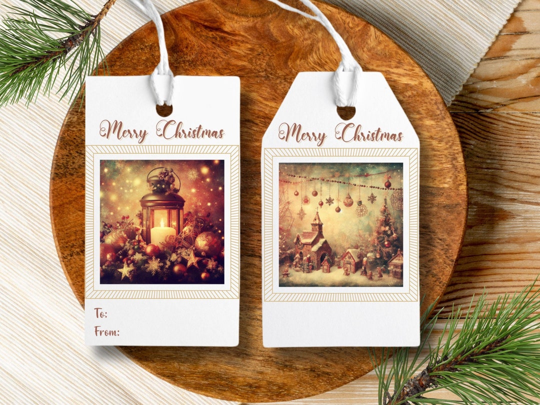Merry Christmas Gift Tags Printable, Vintage Christmas Labels, Cozy ...