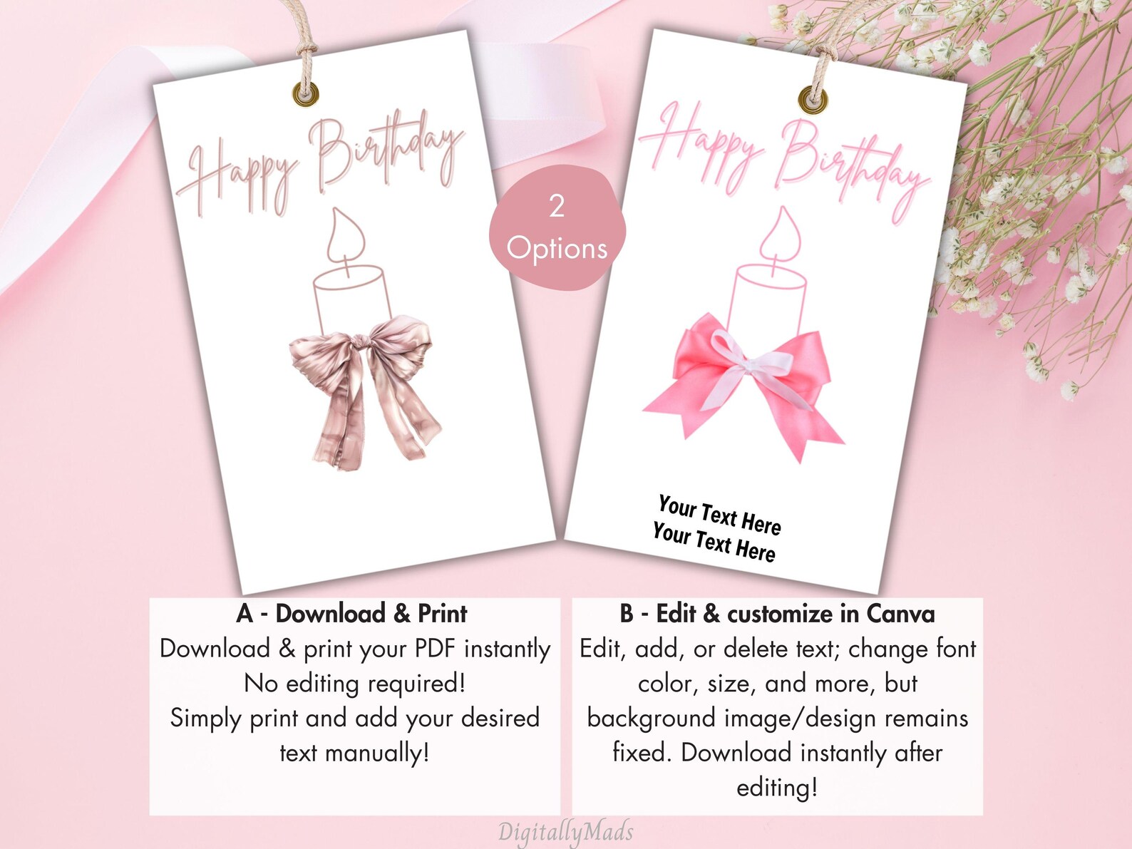Editable Birthday Gift Tags, Printable Coquette Bow Labels, Template ...