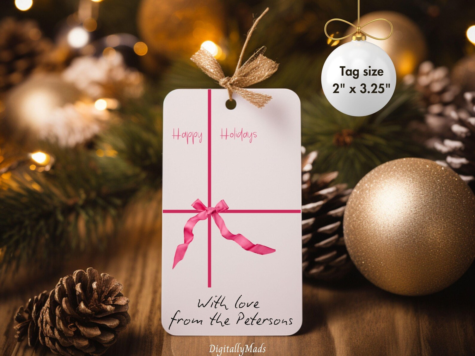 Coquette Christmas Tags Printable, Pink Bow Holiday Gift Tags, Happy ...