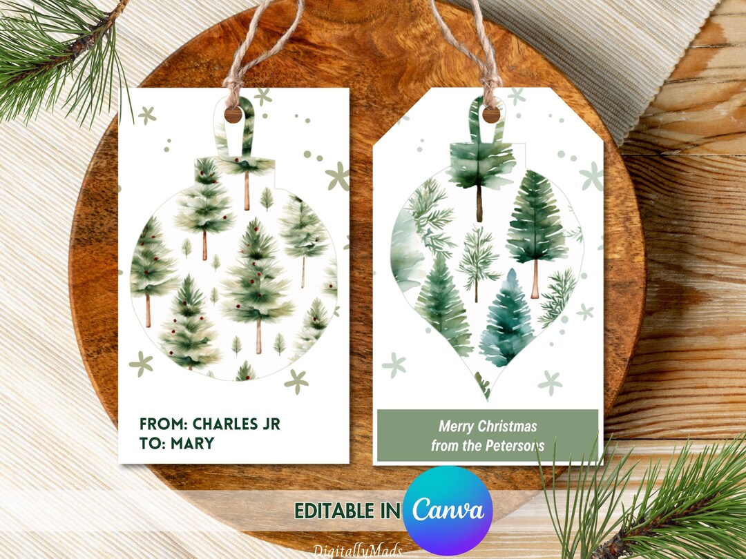 Editable Christmas Tree Gift Tags, Cute Watercolor Tag Set, Christmas ...