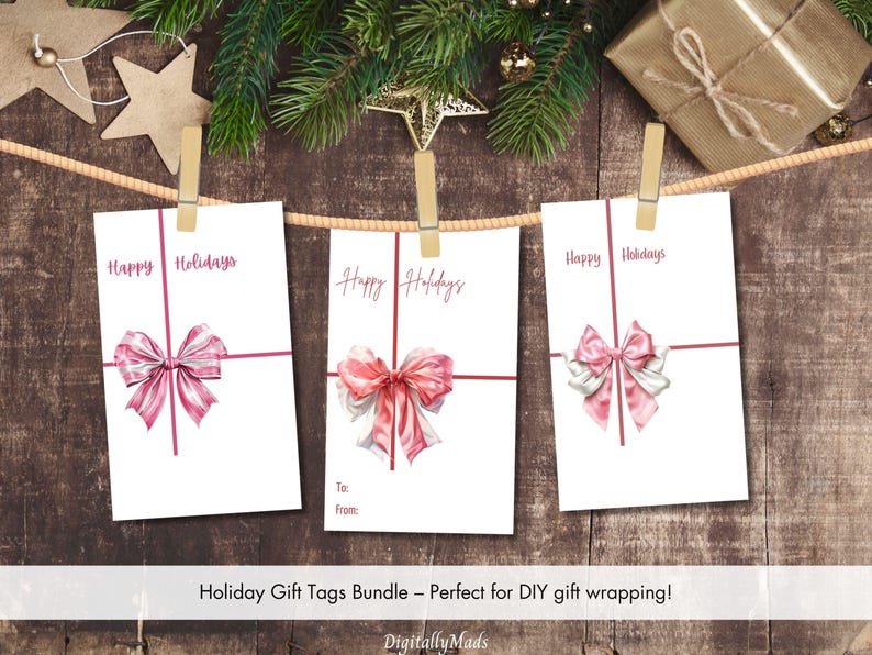 Coquette Christmas Tags Printable, Pink Bow Holiday Gift Tags, Happy ...