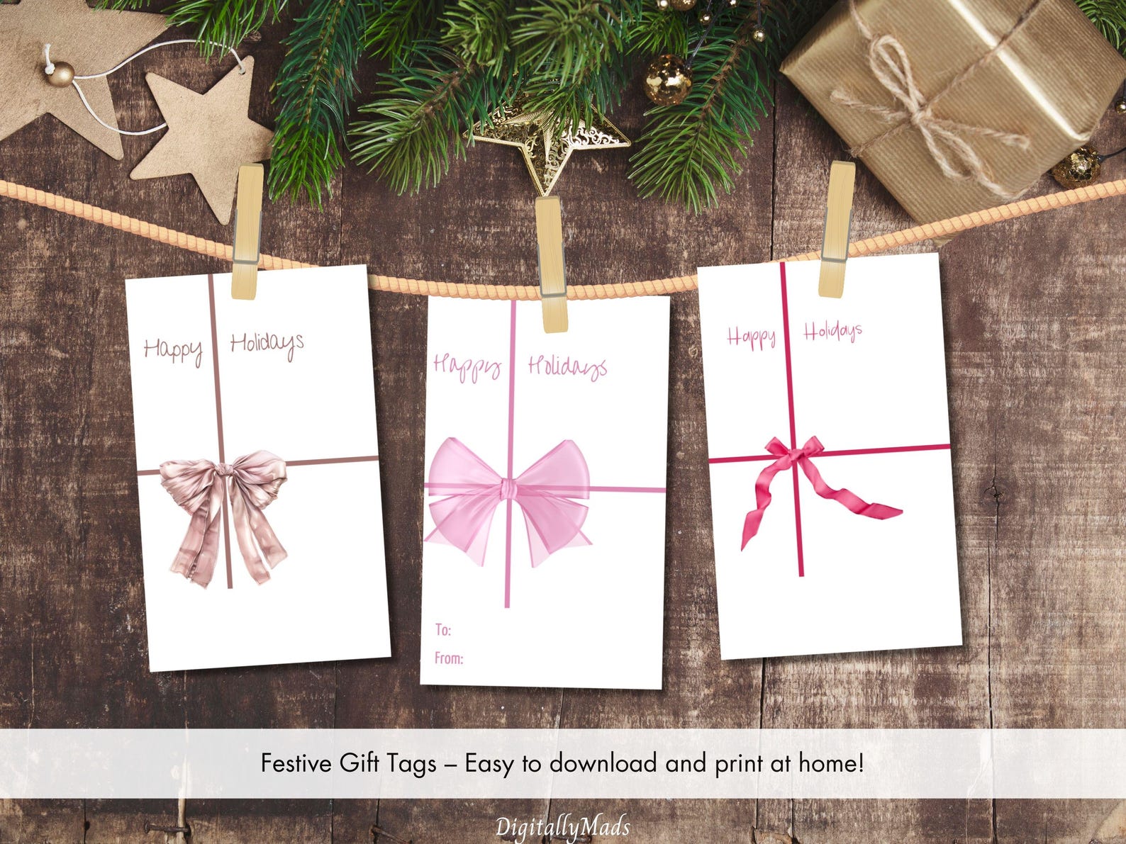 Coquette Christmas Tags Printable, Pink Bow Holiday Gift Tags, Happy ...