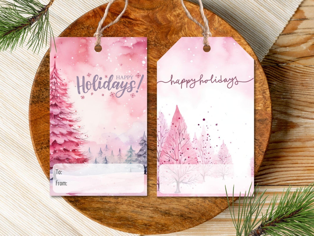 Holiday Gift Tags Pink Tree Printable, Watercolor Christmas Tree Tags ...