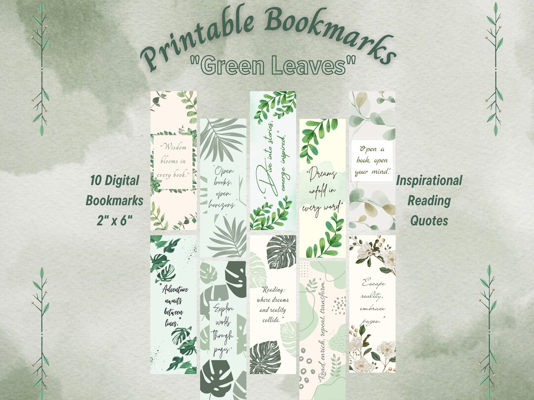 Green Leaves Printable Bookmarks Set, Nature Theme, Digital Bookmarks ...