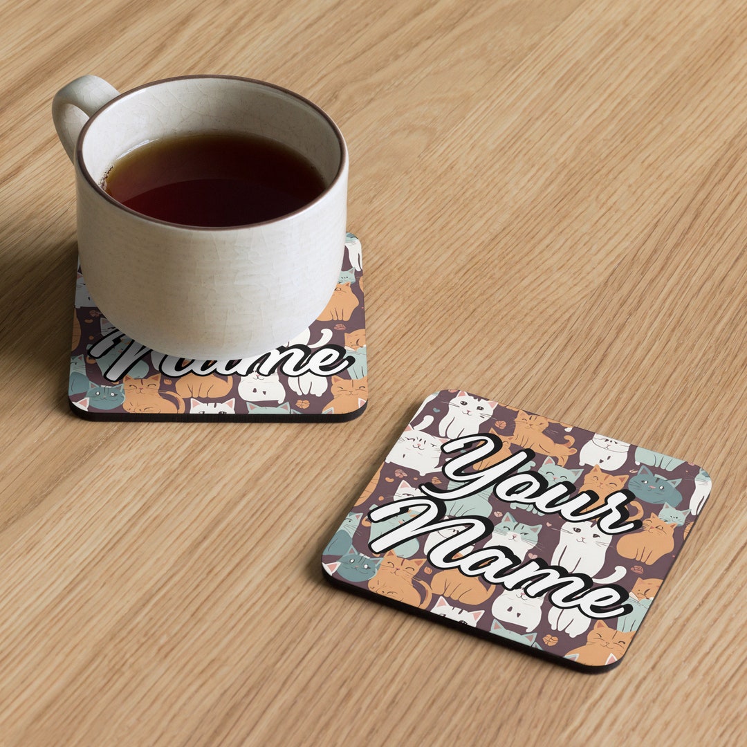 Personalized Cute Cats Coasters, Custom Name Kitty Coaster Set for Kids ...
