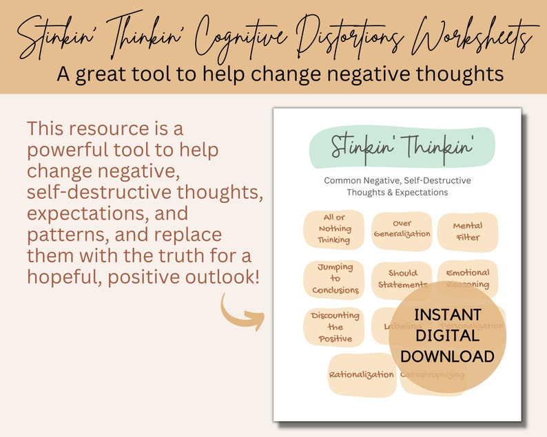 Stinkin' Thinkin' Cognitive Distortions Therapy Worksheets Printable 13 ...