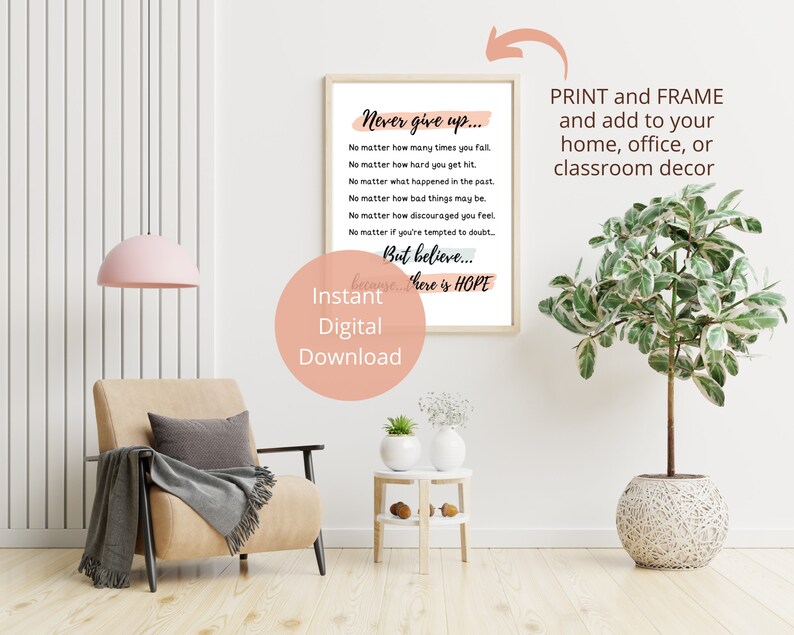 Never Give up Printable Poster Wall Art Sign Decor - Encouragement Gift ...