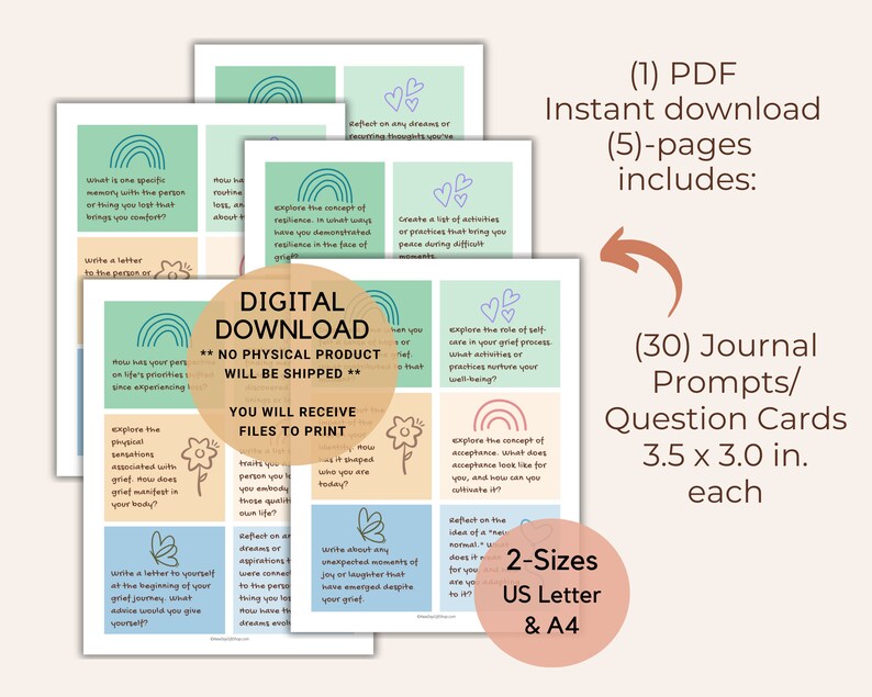 Grief Journalling Prompts Printable Cards, Mental Health, Mindfulness ...