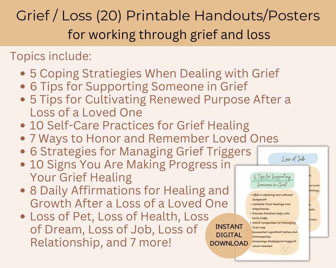 Grief Loss Healing Journey 20 Printable Therapy Counseling Tools 20-pages PDF Download - Etsy