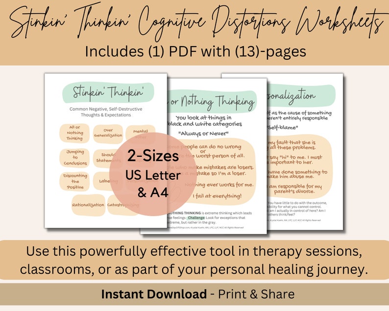 Stinkin' Thinkin' Cognitive Distortions Therapy Worksheets Printable 13 ...