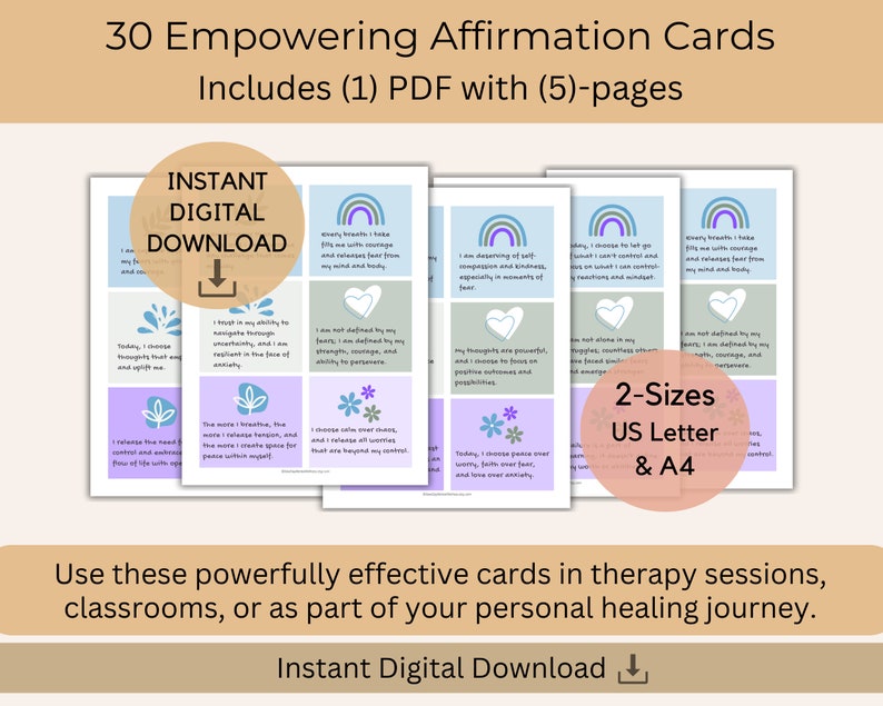 30 Empowering Affirmation Cards - Manage Anxiety, Fear & Worry, Therapy ...