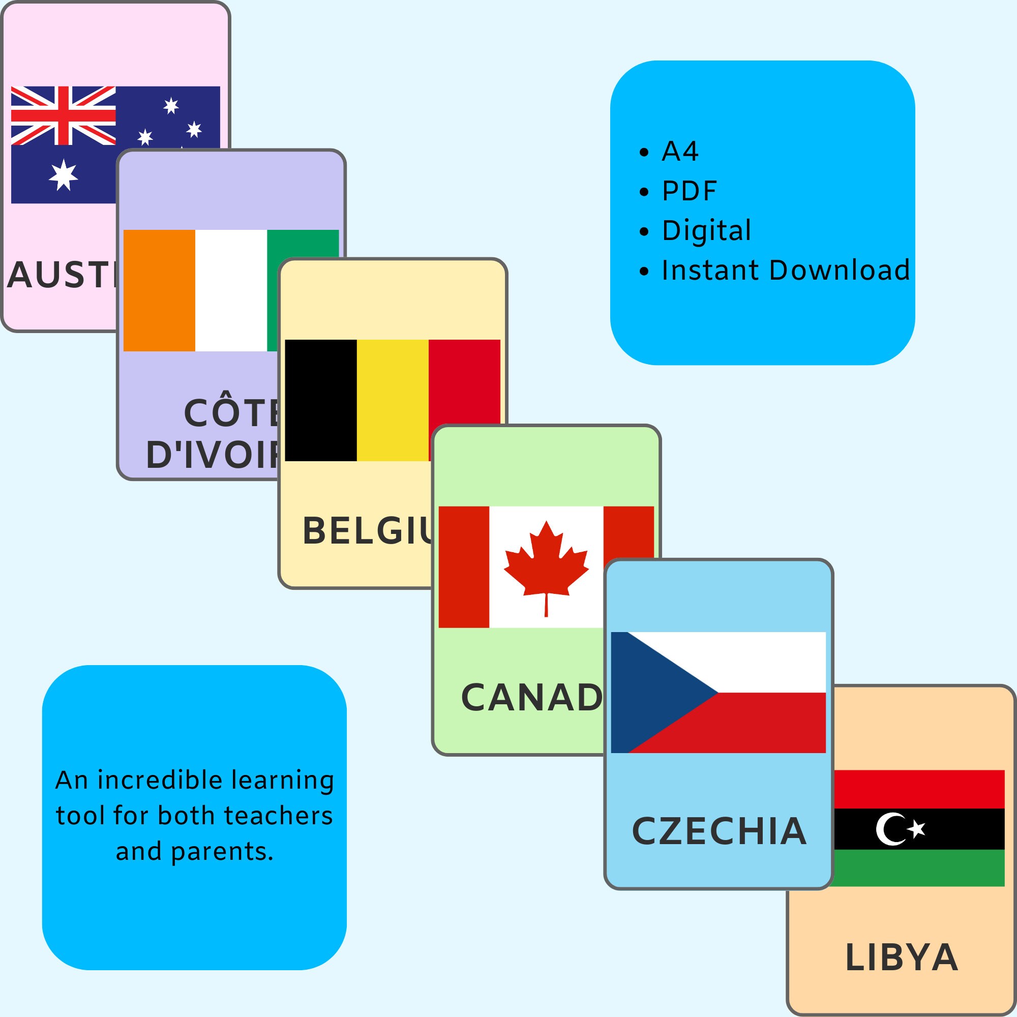 Flags of the World Educational Flashcards 194 Countries - Etsy