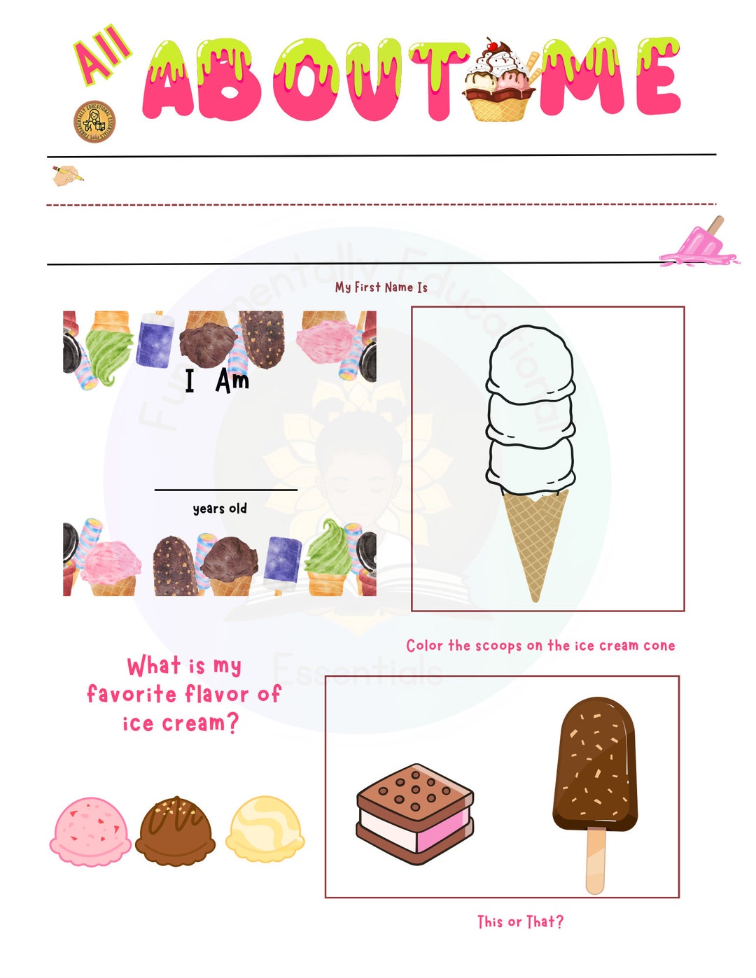 About Me Ice Cream Theme: Instant Download Worksheet Ice Breaker ...