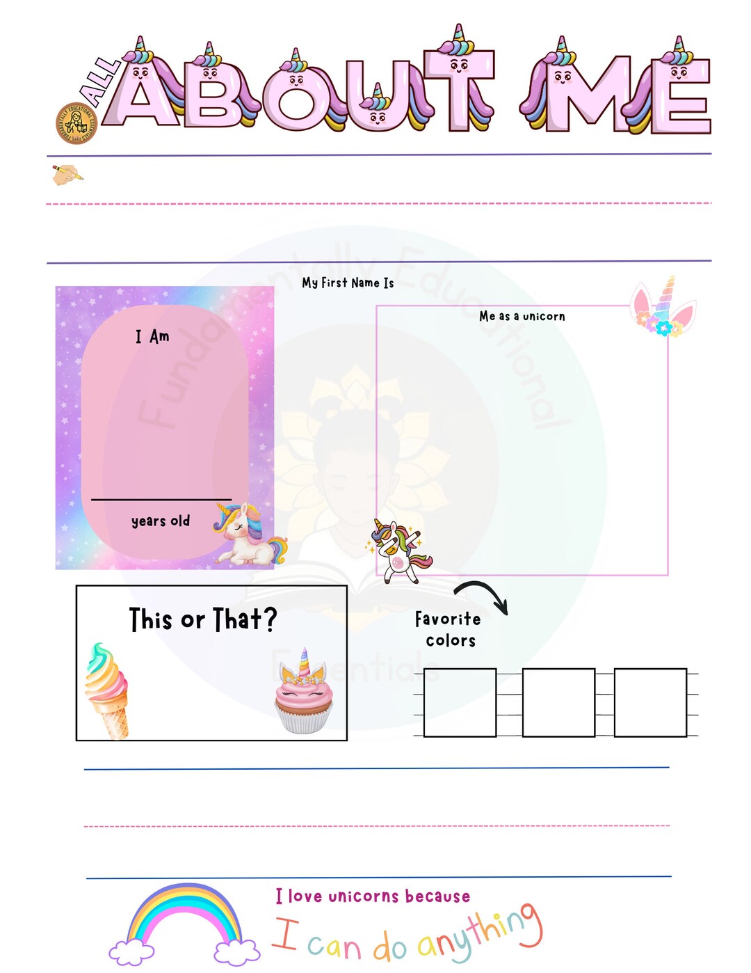 About Me Unicorn Theme: Instant Download Worksheet Ice Breaker Coloring ...