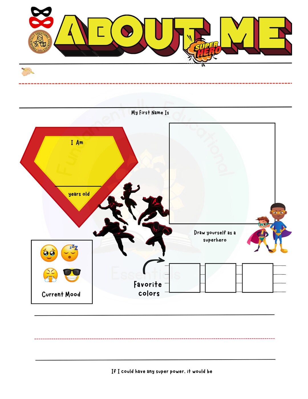 About Me Superhero Theme: Instant Download Worksheet Ice Breaker ...