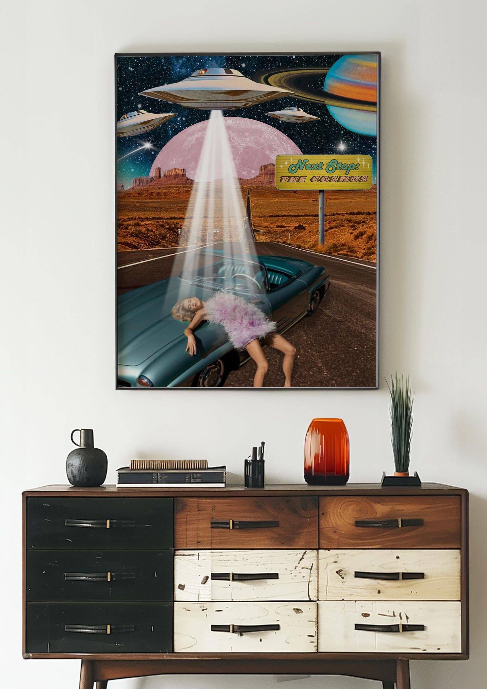 Retro Desert Wall Art Cosmic UFO Space Poster Print Western Retro 1950 ...