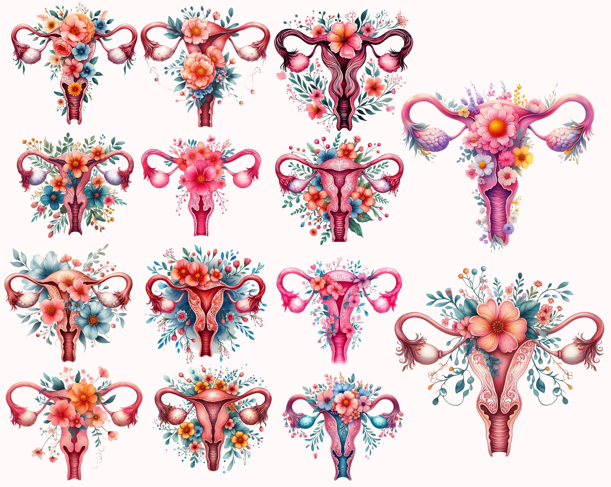 Women's Rights Digital Bundle: Uterus Watercolors PNG, Cute Floral ...