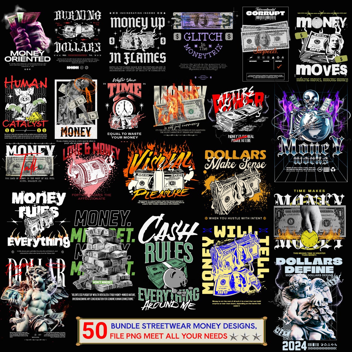75 Optimum Streetwear Money PNG Designs Bundle: T-shirt Graphics, Cash ...