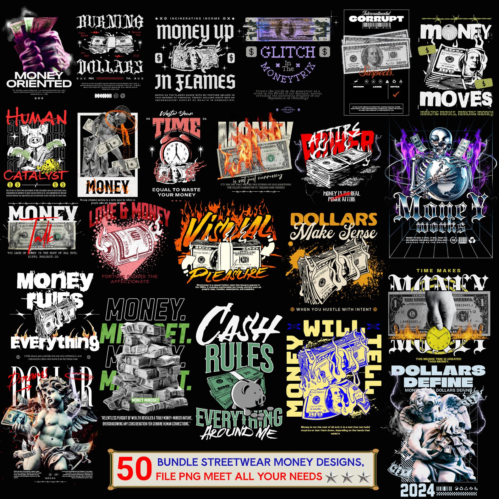 Streetwear Money PNG Designs: T-shirt Graphics Bundle (PDF) - Etsy