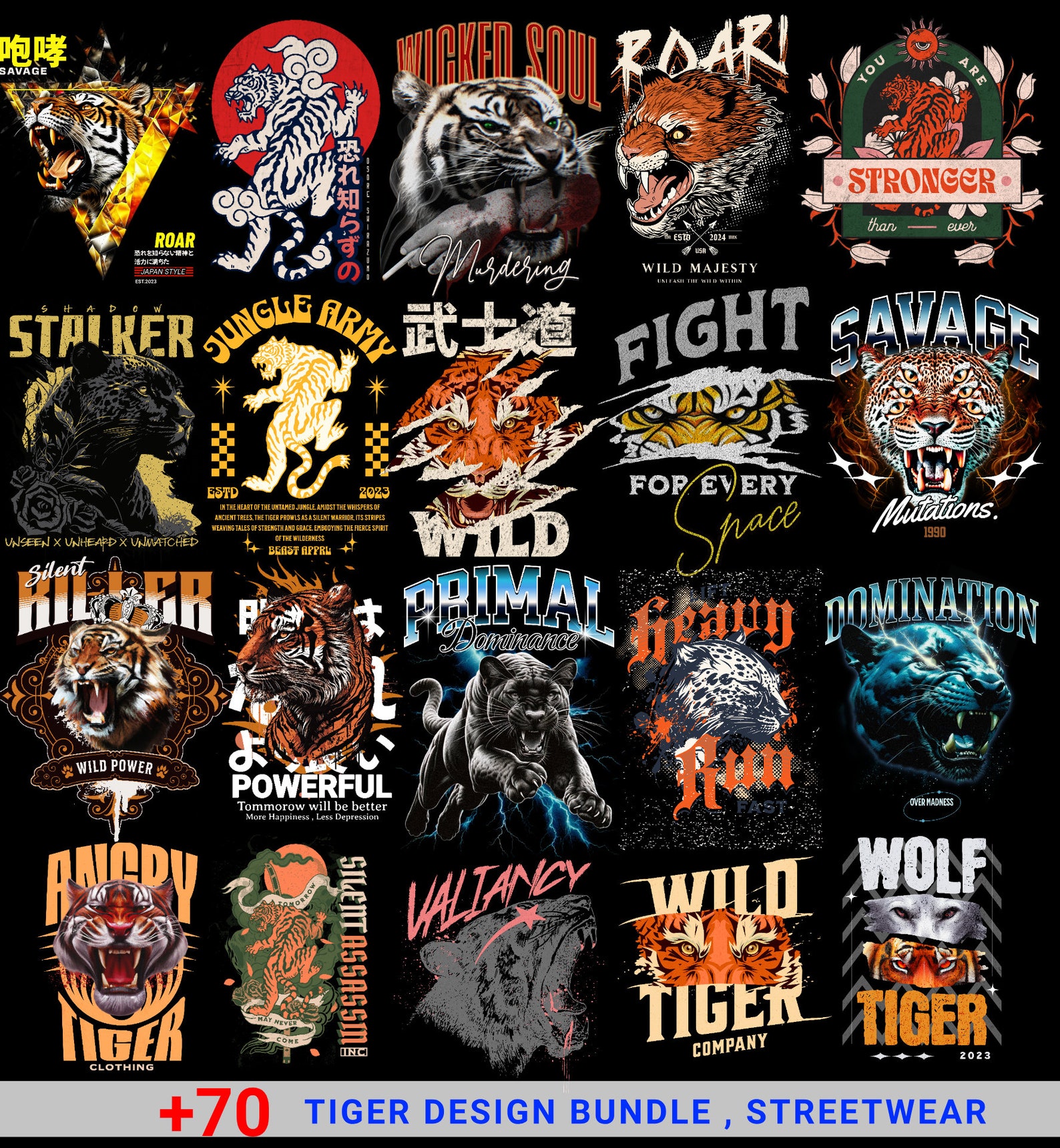 Exclusive T-shirt Design Bundles: Tiger Designs, Streetwear Styles ...