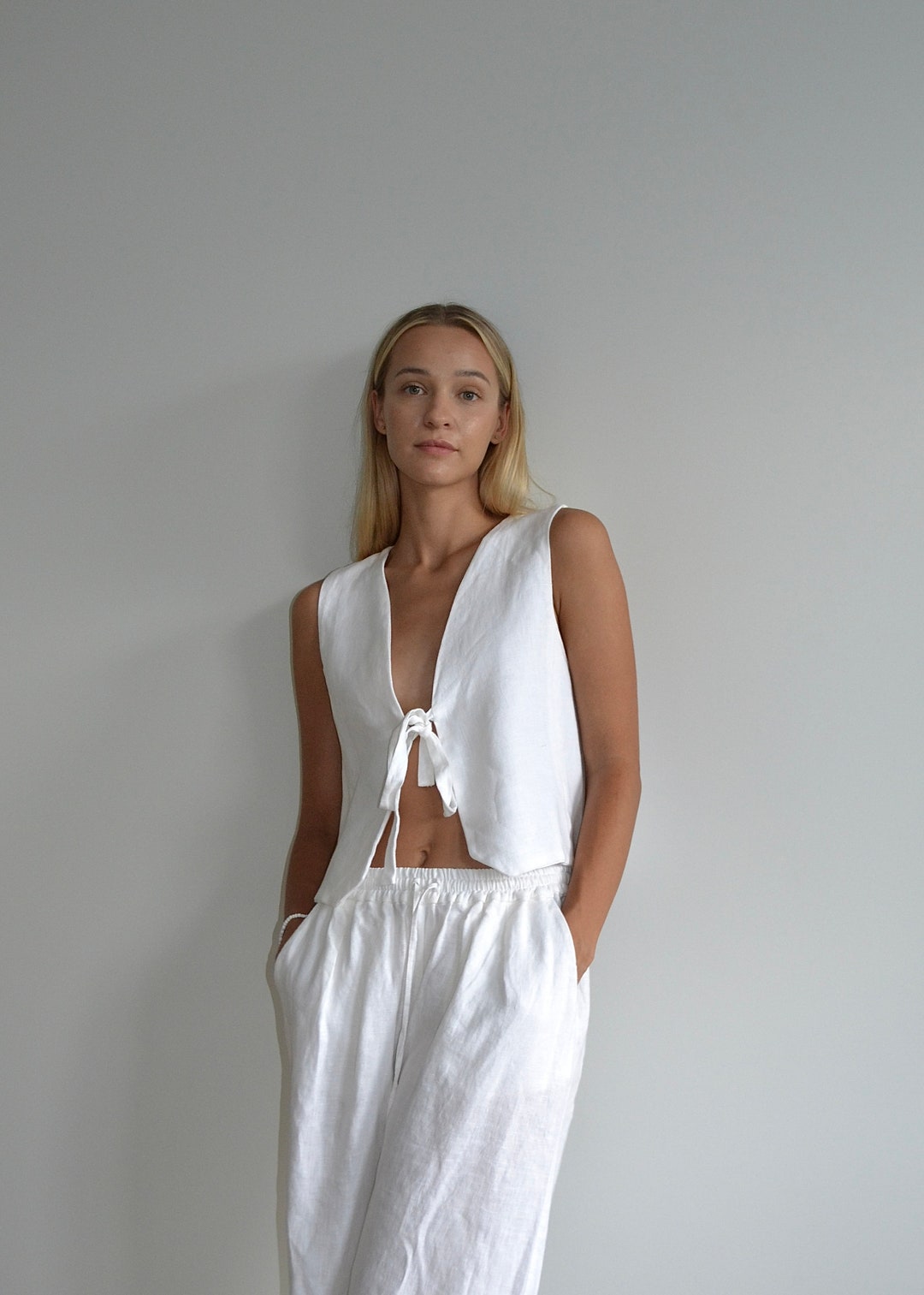 White Linen Tie-front Vest / Linen Top/ Linen Clothing Women/ Bow Vest ...