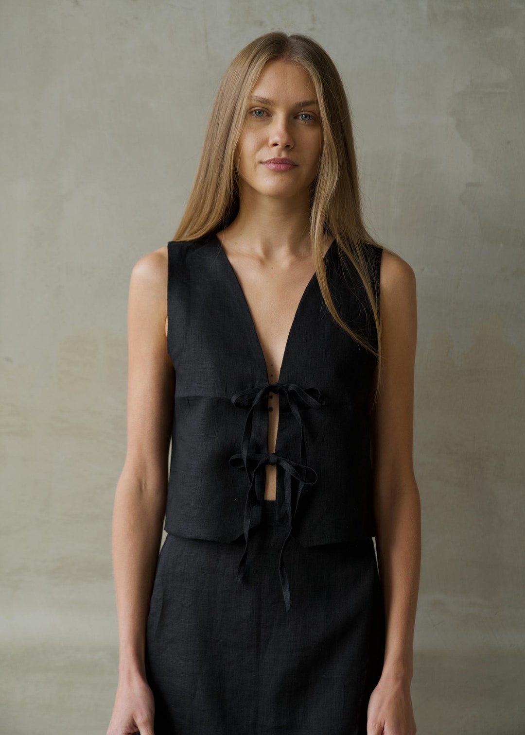 Black Linen Vest for Women/ Linen Top Front Ties/ Vest for Women/ Linen ...