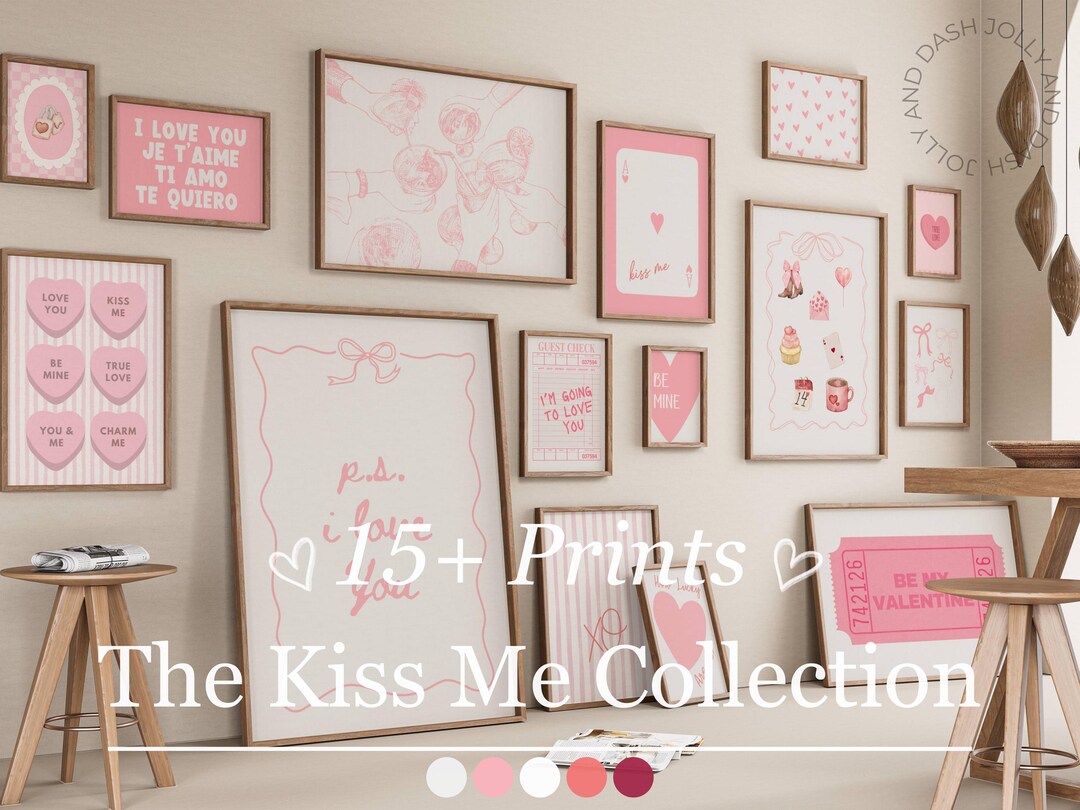 Valentine’s Day Gallery Wall Art Set Trendy Pink Retro Heart Prints ...