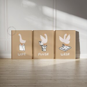 Silly Goose Neutral Beige Bathroom Prints Set of 3 Kids Wall Art Funny ...