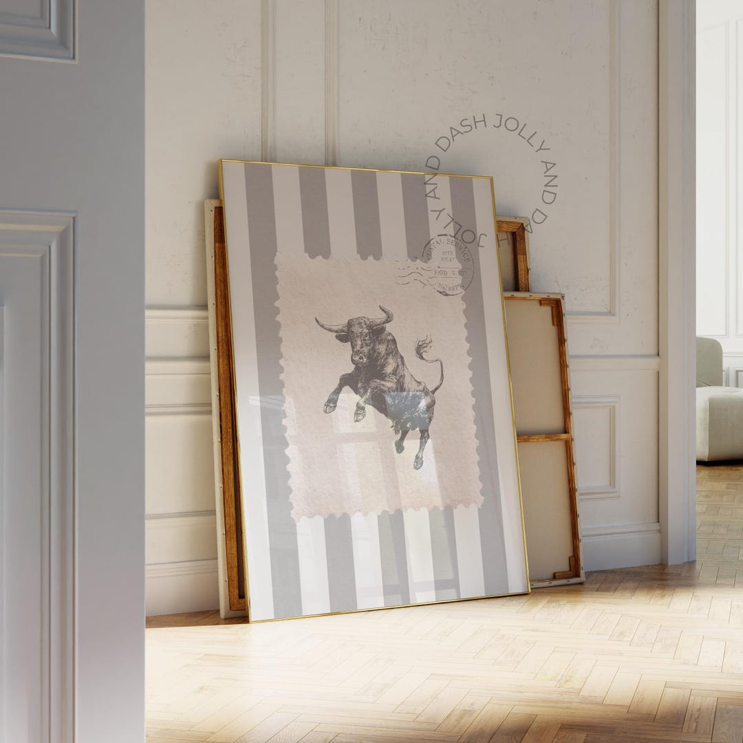 Bucking Bull Western Wall Art Gray Stripes Cowboy Print Cute Vintage ...