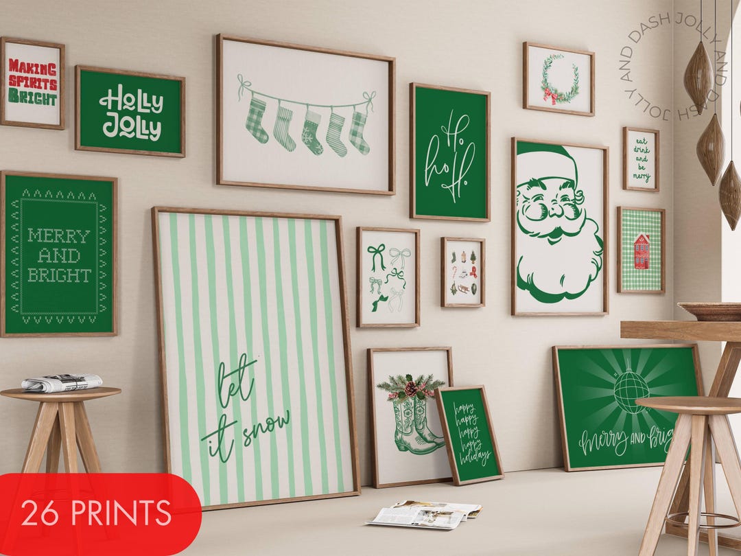 Cute Green Christmas Large Wall Art Holiday Decor Gallery Wall Set With ...