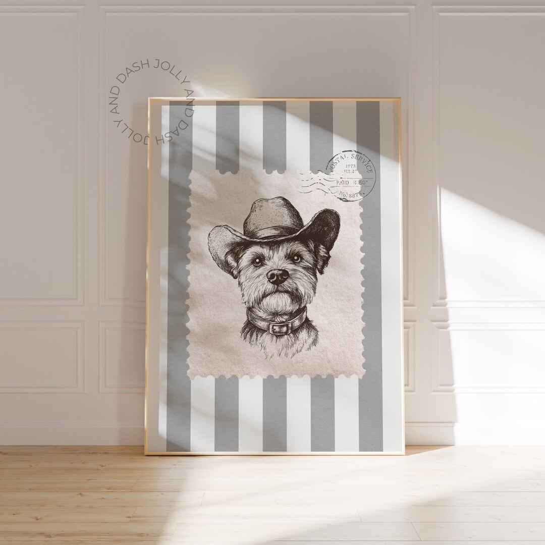 Yorkie Dog Cowboy Hat Sketch Print Yorkshire Terrier Wall Art Vintage ...