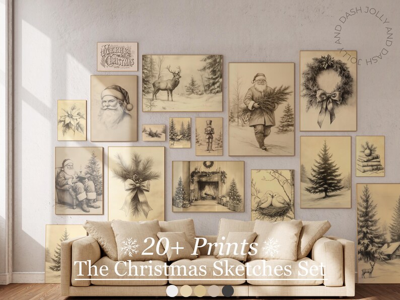Christmas Sketch Wall Art Gallery: Vintage Holiday Decor Antique ...