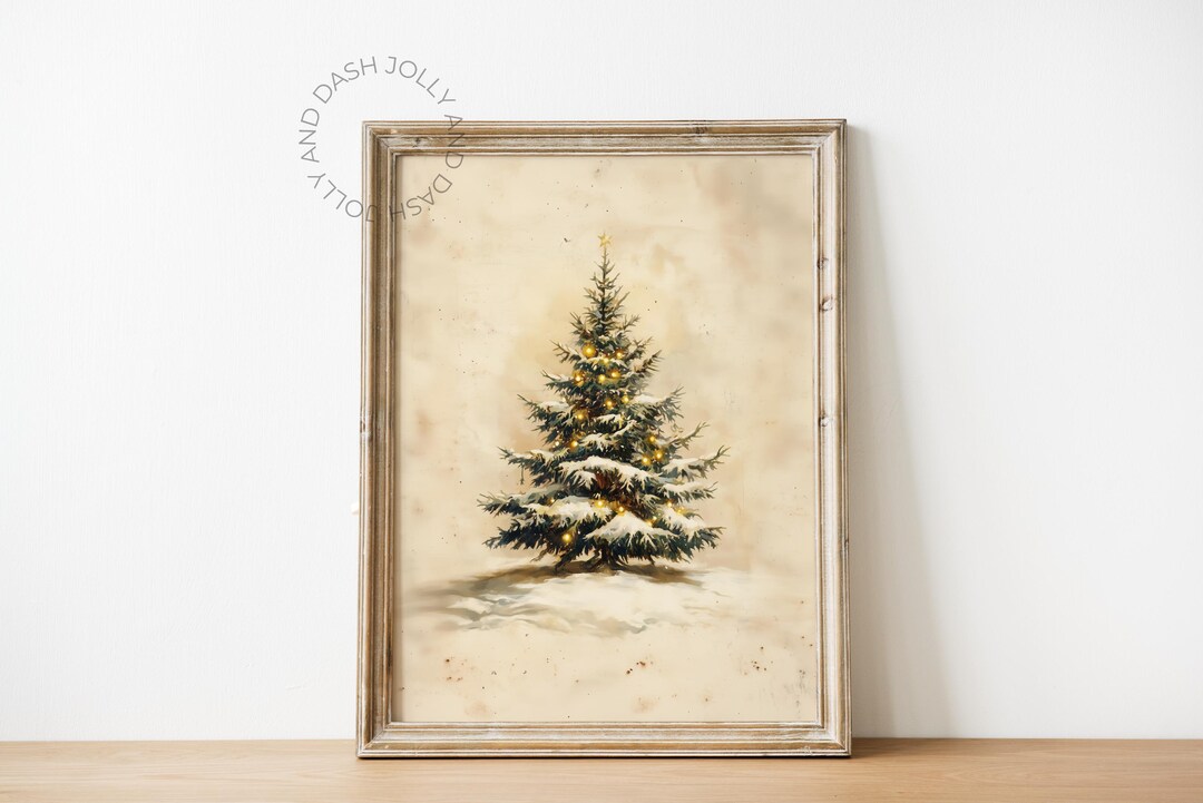 Vintage Christmas Tree Print Watercolor Painting Neutral Wall Art Beige ...