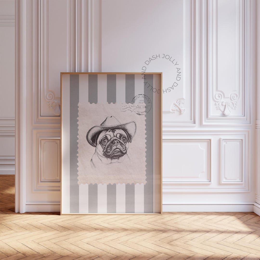 Pug Dog Cowboy Hat Sketch Print Wall Art Vintage Western Stamp Poster ...