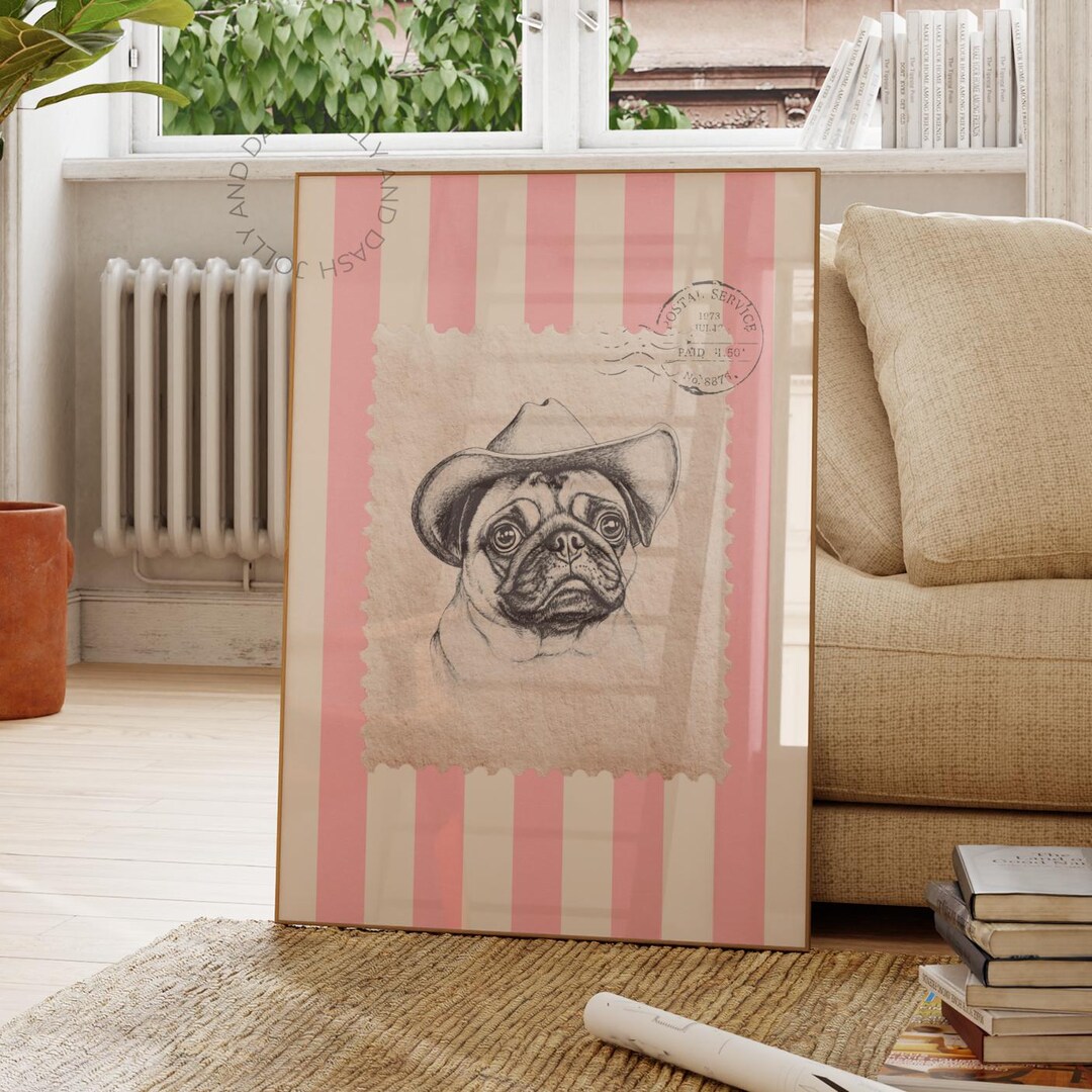 Pug Dog Cowboy Hat Sketch Print Wall Art Vintage Western Stamp Poster ...