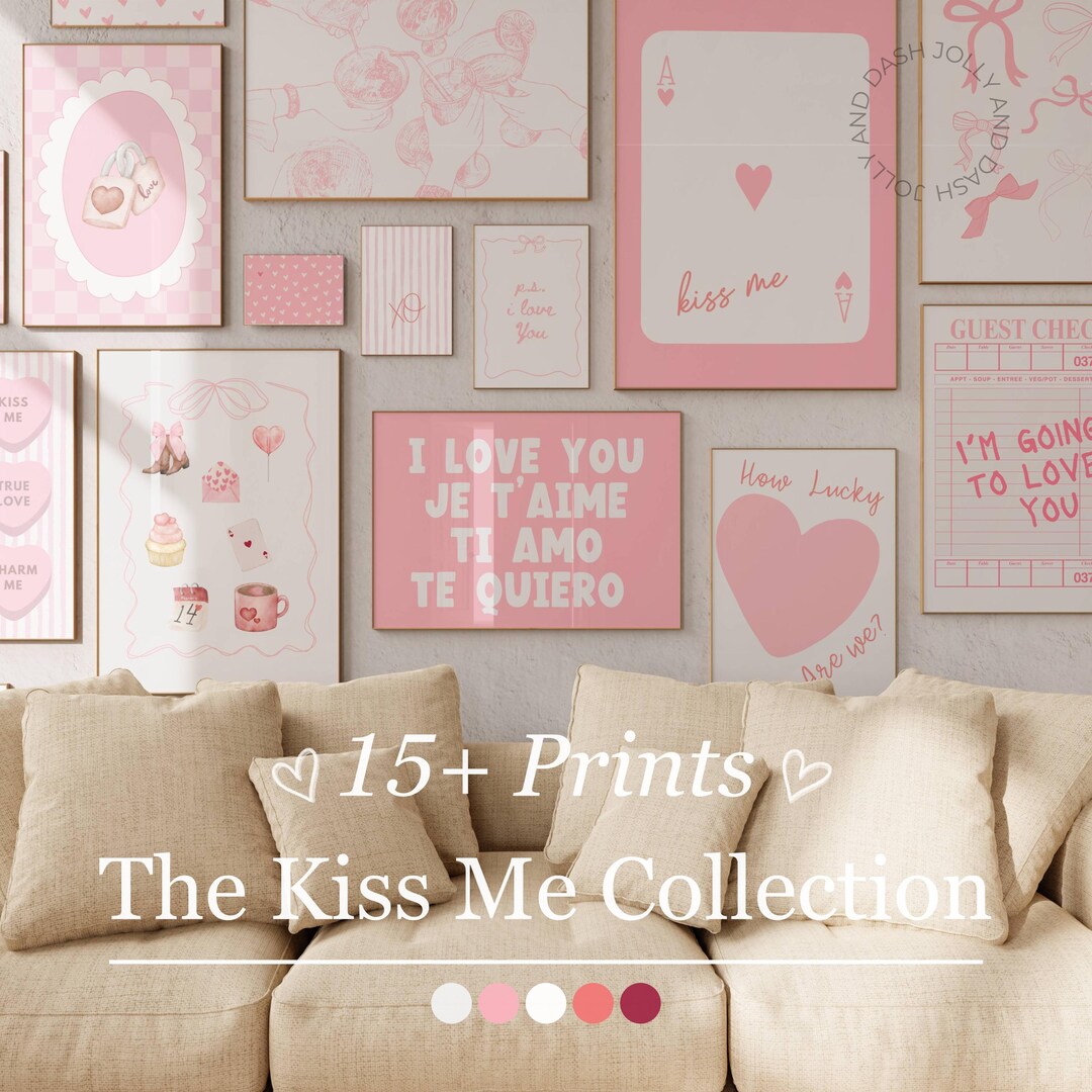 Trendy Pink Retro Valentine’s Day Gallery Wall Art Set Heart Prints ...