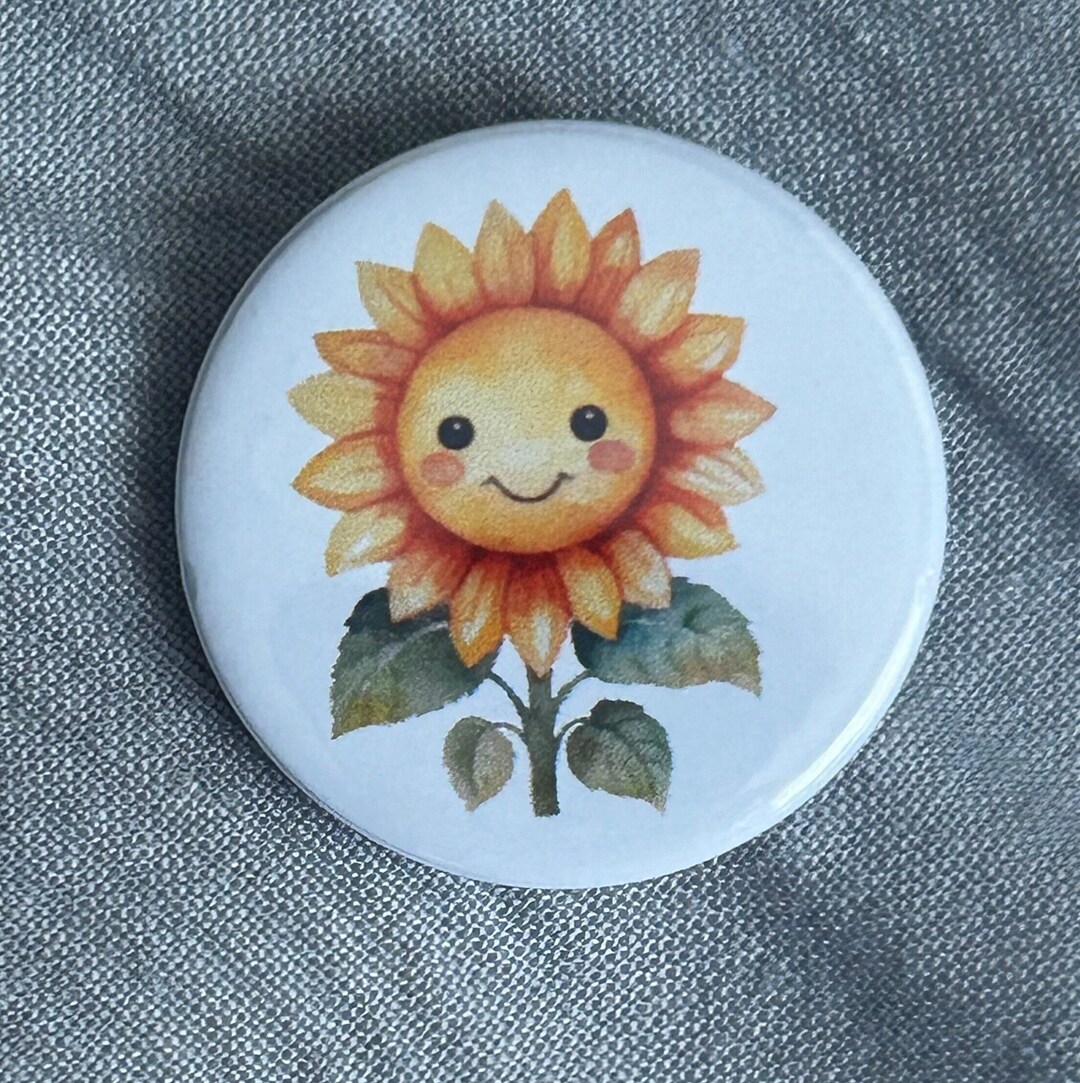 Smiling Sunflower Badge, Sunflower, Badge, Button Badge, Smile, Cute ...