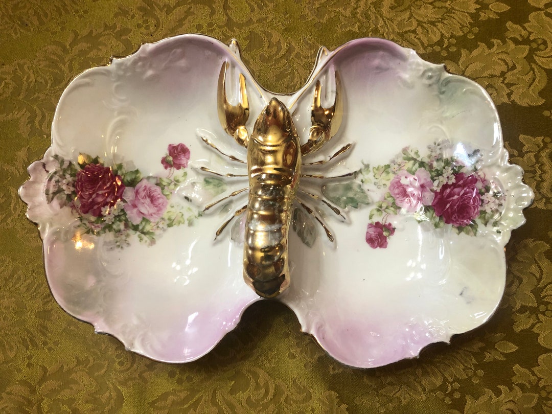 Porcelain Victorian Gold Handled Lobster Divided Dish Double Bowls ...